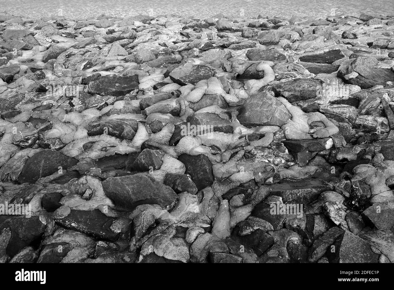 A high angle greyscale shot of the stones by the sea captured during ...