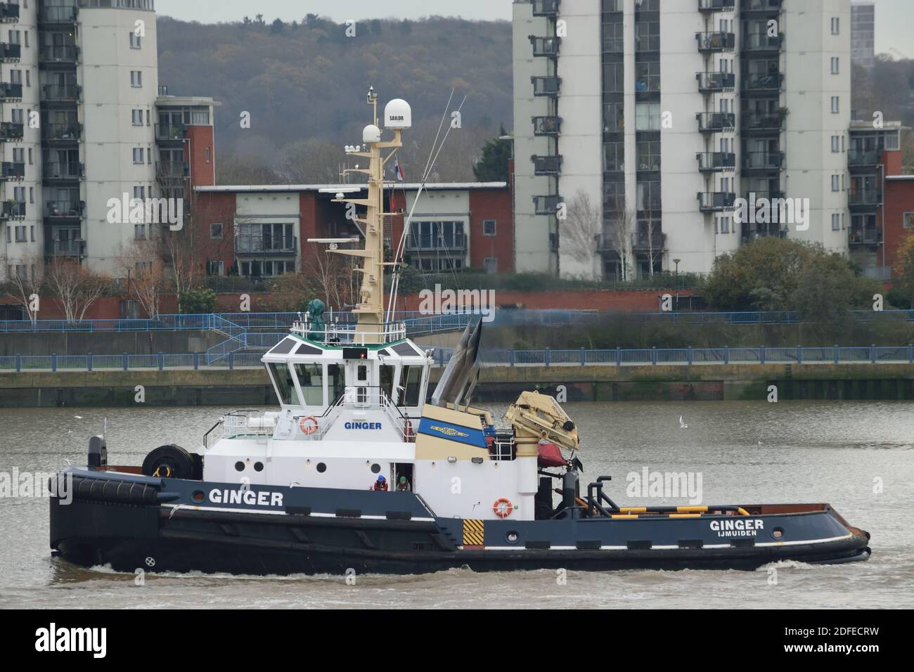 Harbour tug GINGER seen operating on River Thames in London in support ...