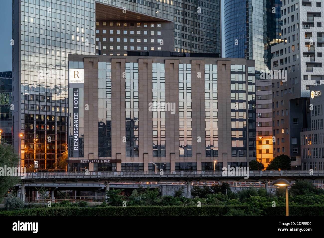 Paris, France - Jun 20, 2020: Renaissance Hotel Facade at night in La ...