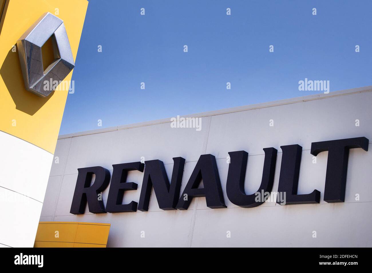 A shop sign of Renault, on July 7, 2020 in Marbella, Spain. Photo by ...