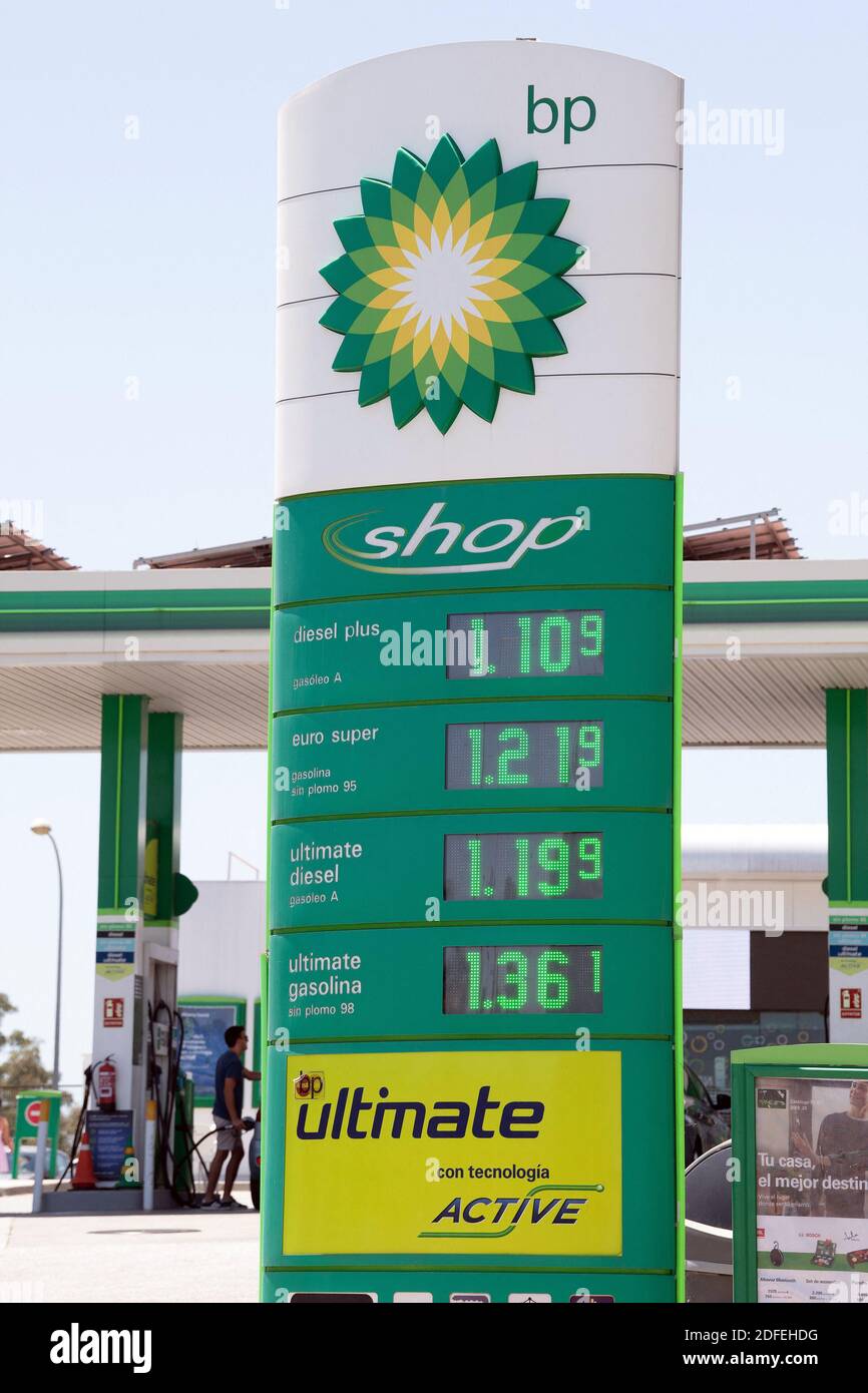 A shop sign of bp, on July 7, 2020 in Marbella, Spain. Photo by David ...