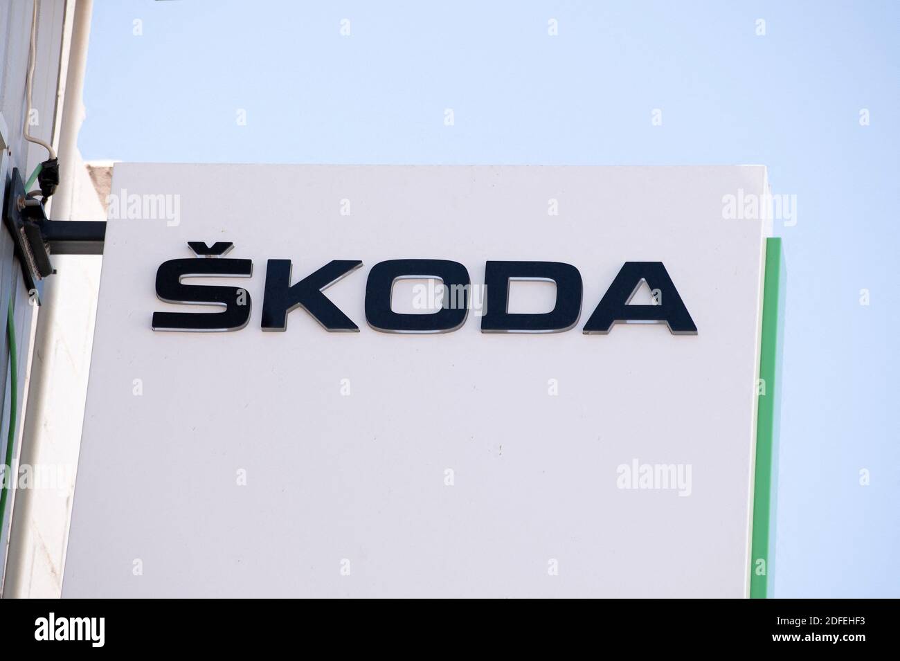 A shop sign of SKODA, on July 7, 2020 in Marbella, Spain. Photo by ...