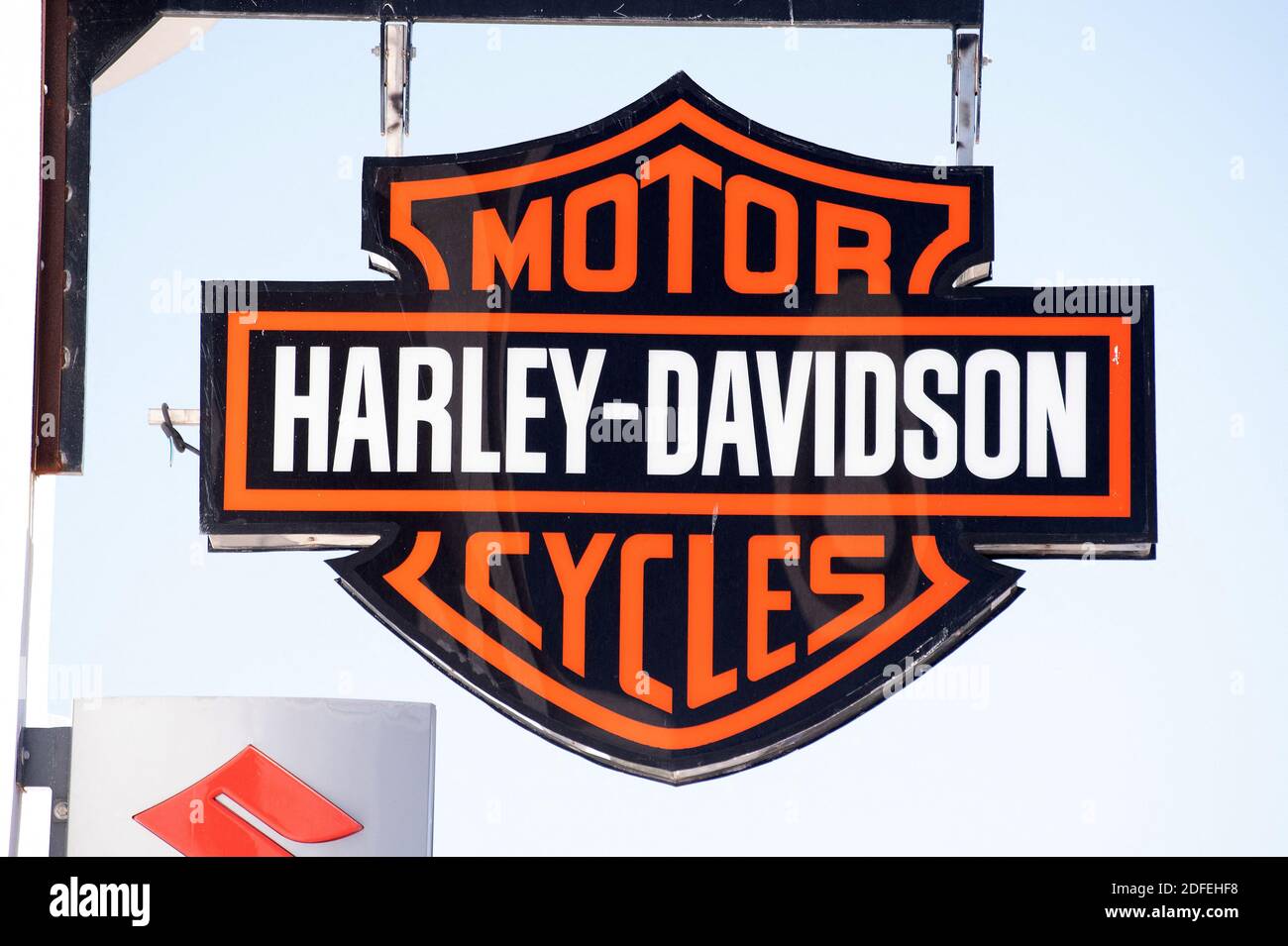 A shop sign of Harley-Davidson, on July 7, 2020 in Marbella, Spain ...