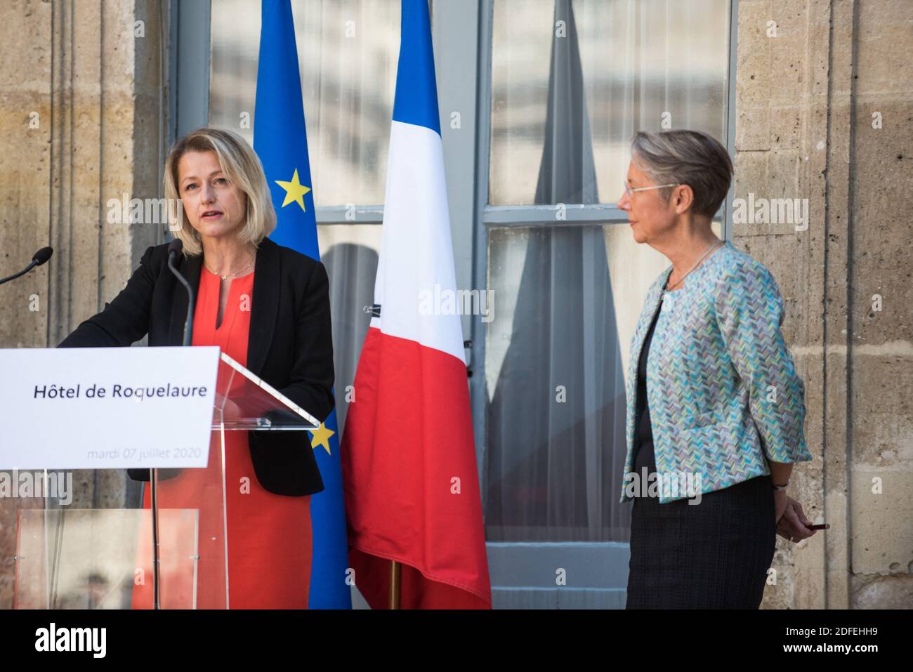 New French Environment Minister Barbara Pompili speaks next to Former ...