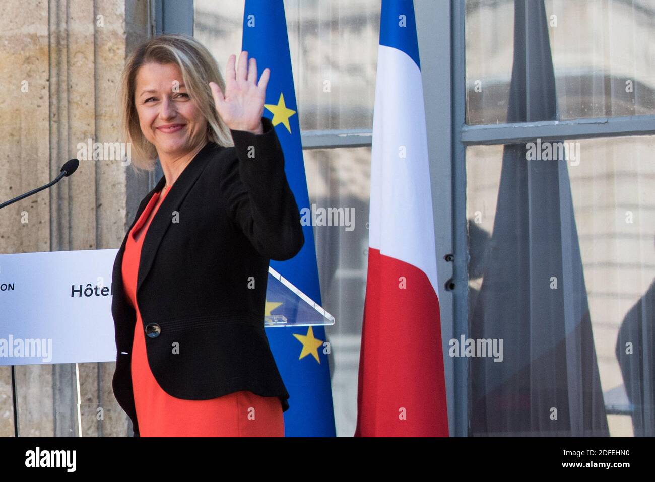 New French Environment Minister Barbara Pompili waves after the ...