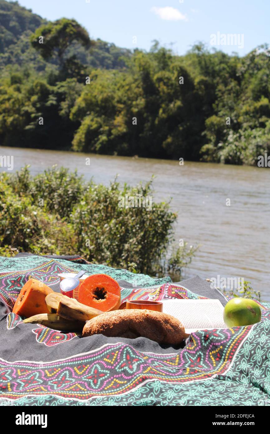 Delicious fruits ready for the picnic on the banks of the river Stock ...