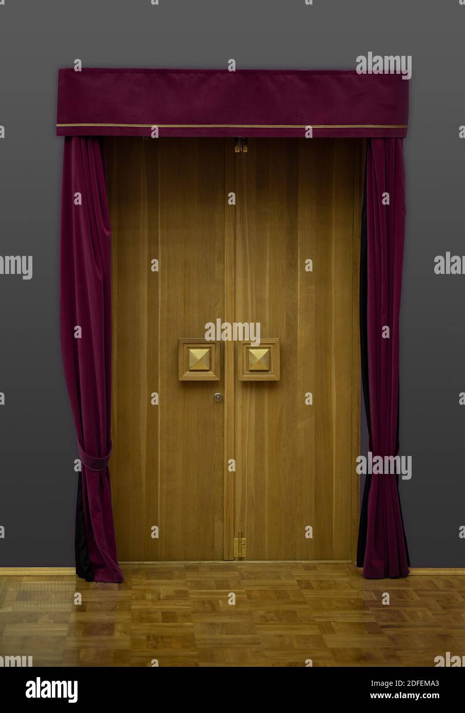 Wooden doors and velvet curtain Stock Photo - Alamy