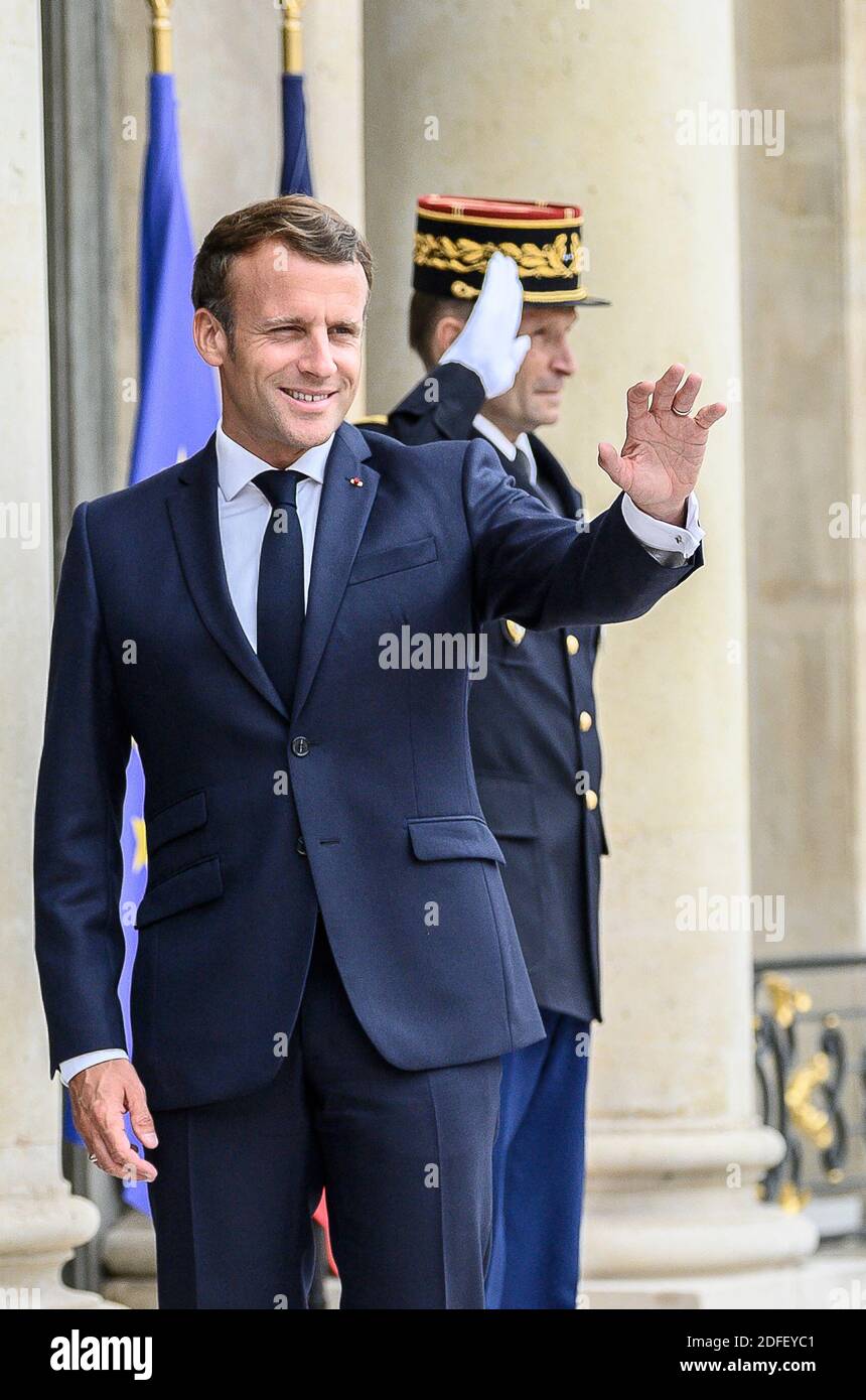 French President Emmanuel Macron gestures at Elysee Palace in Paris on ...