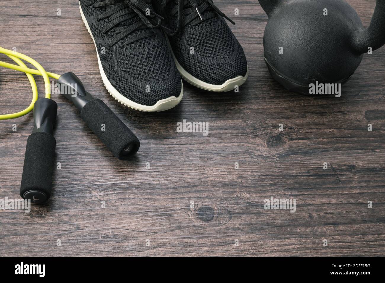 A high angle shot of sports equipment on a wooden surface Stock Photo ...