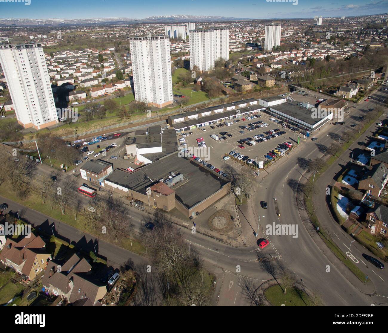 Aerial drone view of Knightswood Shopping Centre Glasgow Stock Photo ...