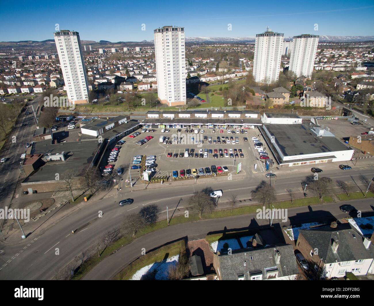 Aerial drone view of Knightswood Shopping Centre Glasgow Stock Photo ...