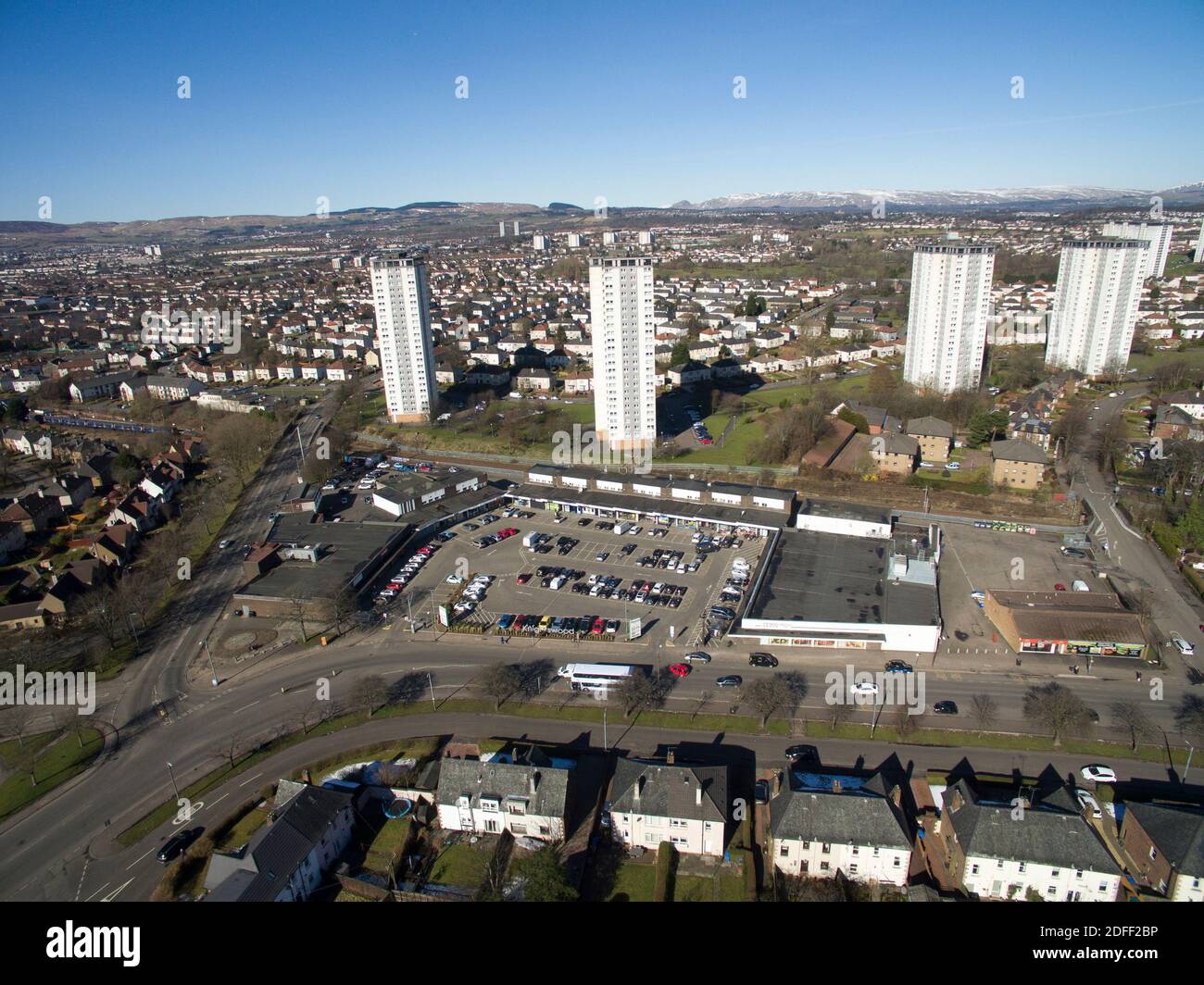 Aerial drone view of Knightswood Shopping Centre Glasgow Stock Photo ...