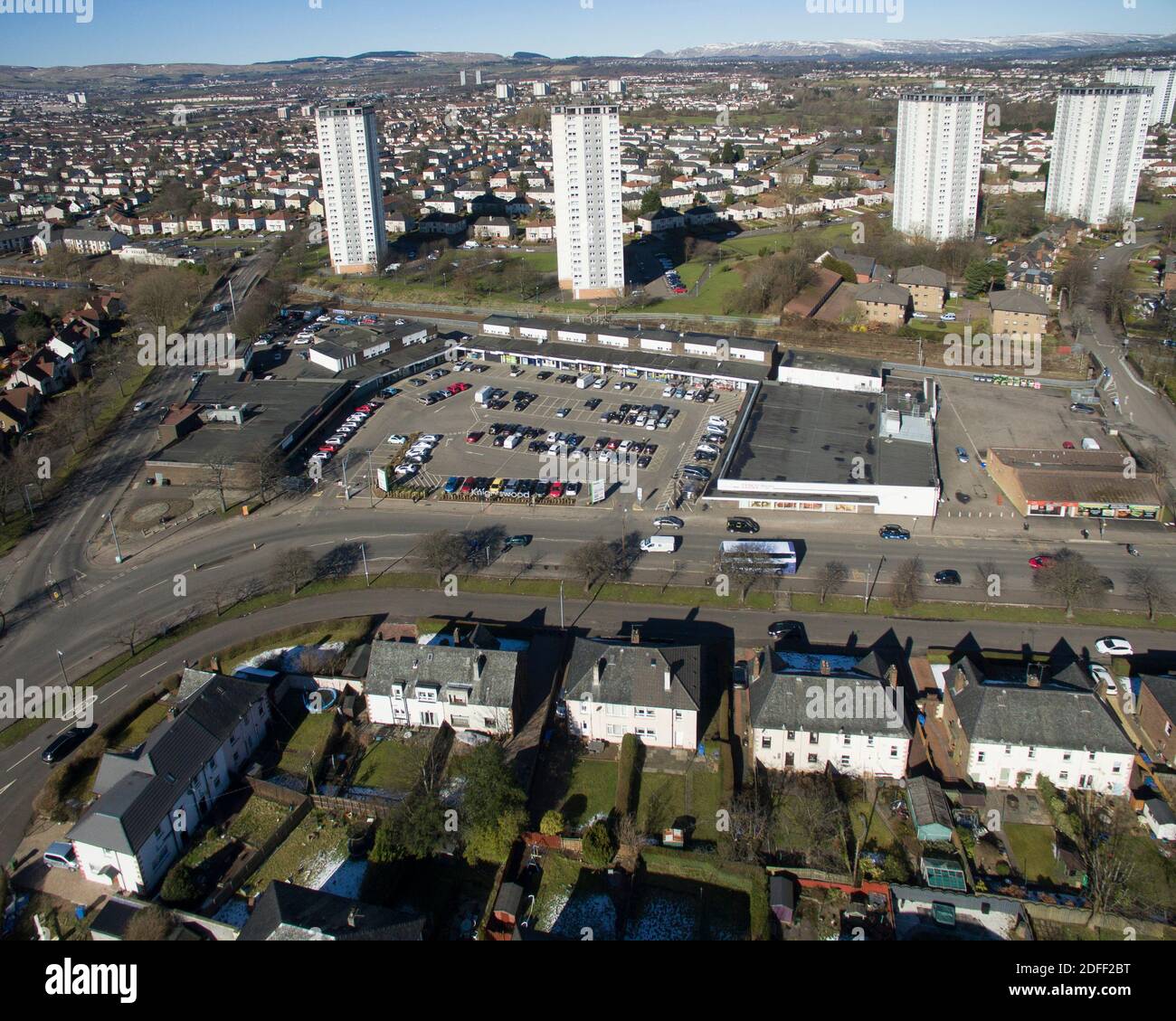 Aerial drone view of Knightswood Shopping Centre Glasgow Stock Photo ...