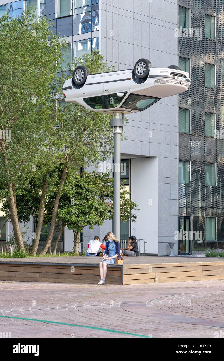 Paris, France - Jun 13, 2020: Flipped car as art display in front of ...