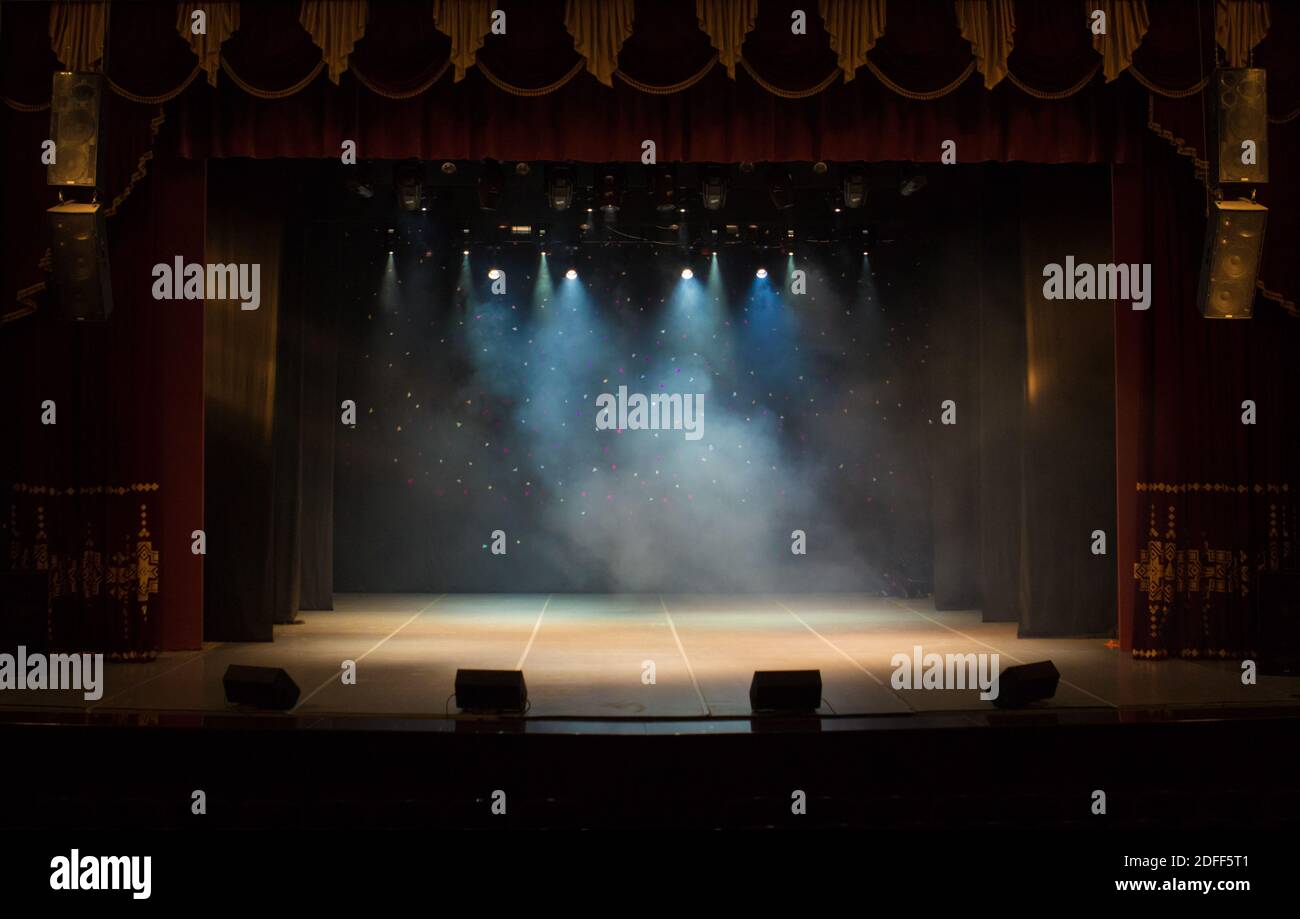 scene, stage light with colored spotlights and smoke Stock Photo - Alamy