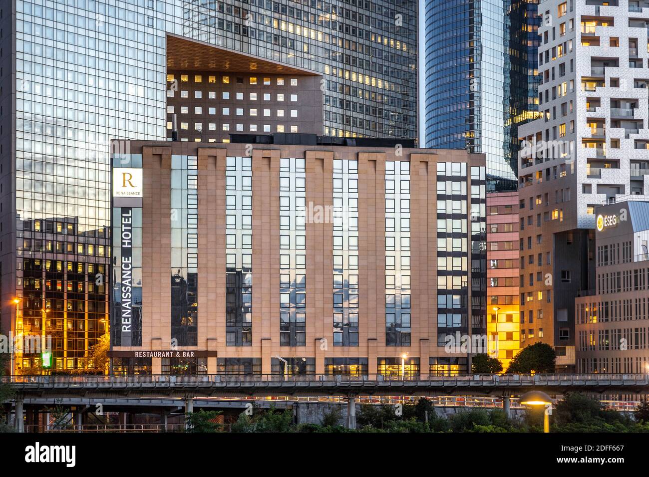 Paris, France - Jun 18, 2020: Renaissance Hotel Facade at night in La ...