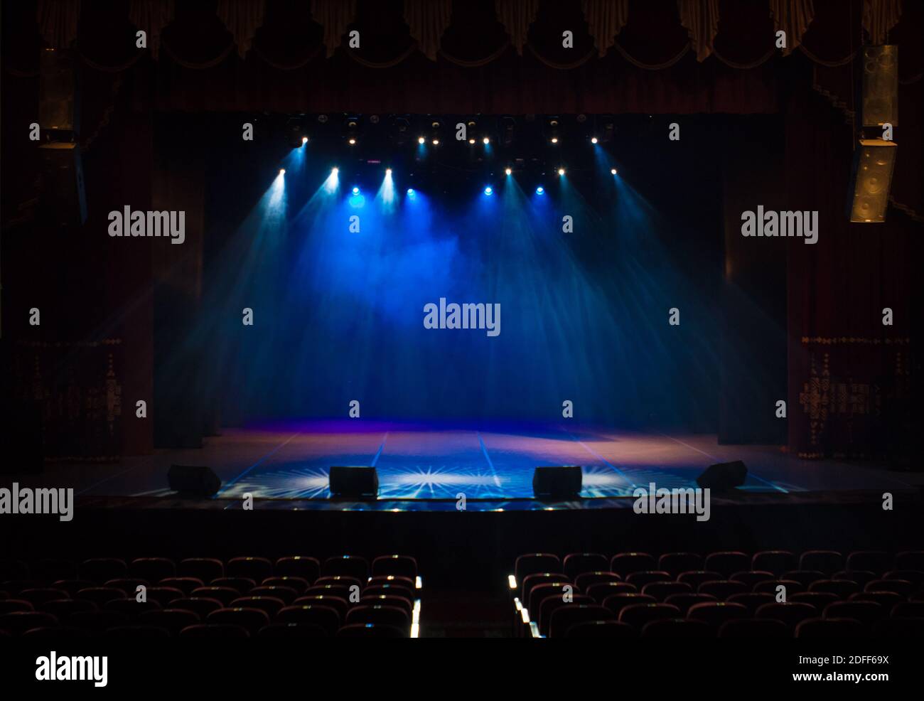 scene, stage light with colored spotlights and smoke Stock Photo - Alamy
