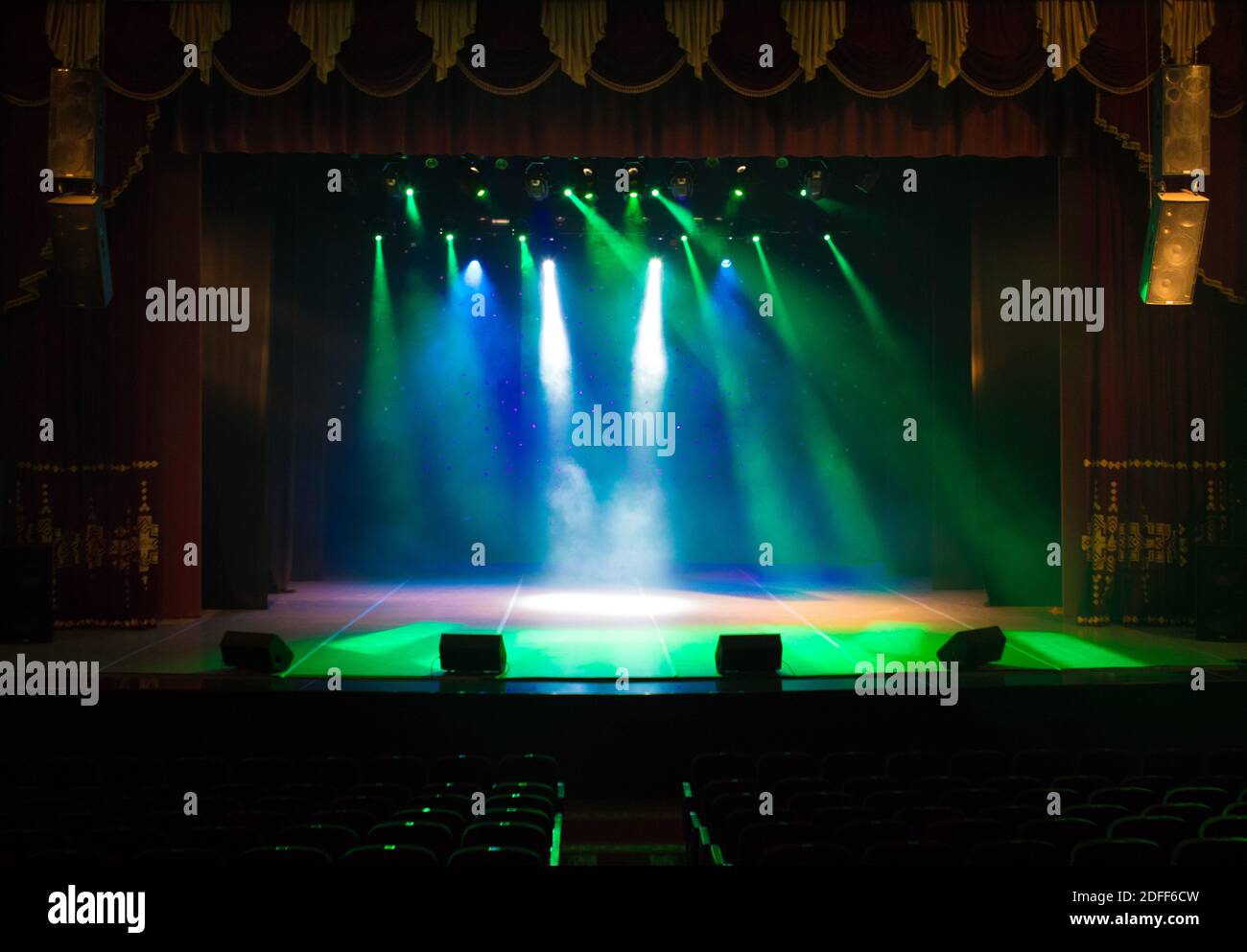 scene, stage light with colored spotlights and smoke Stock Photo - Alamy