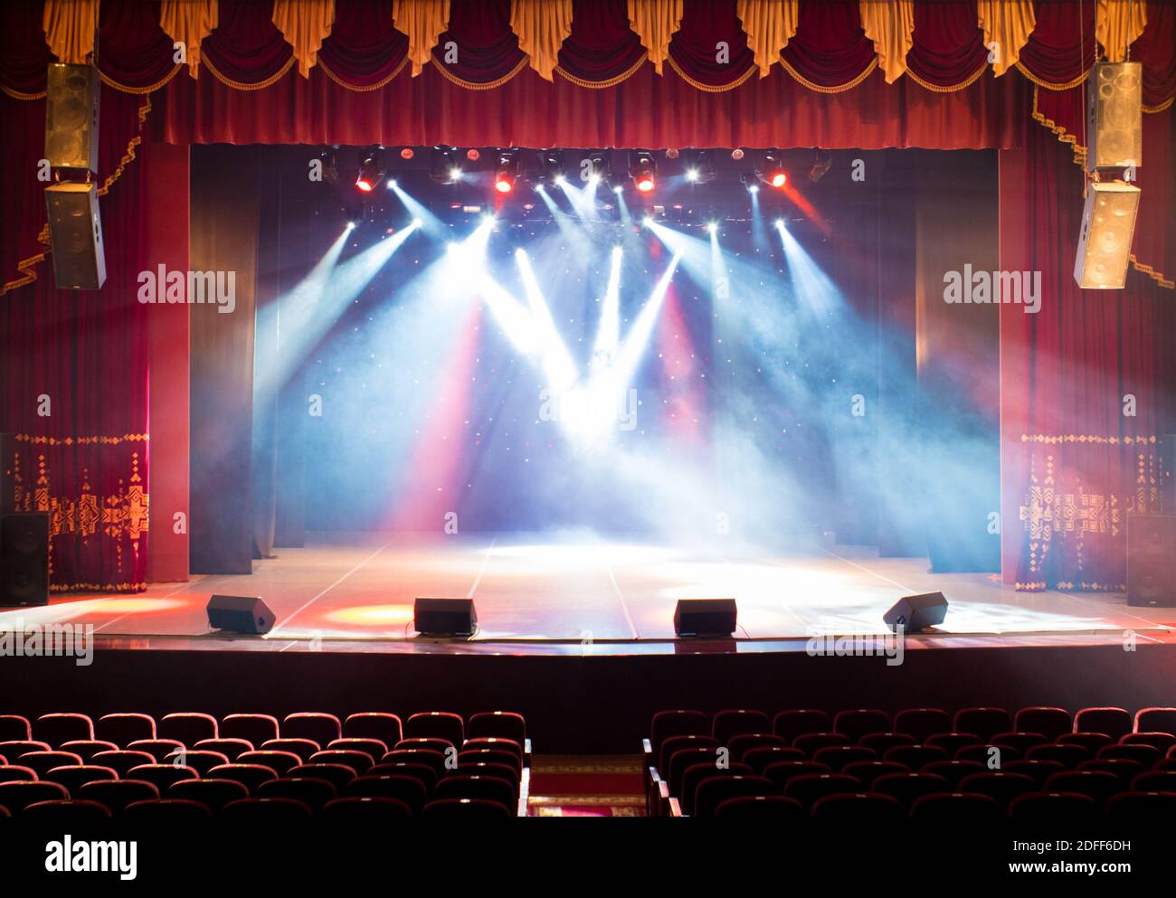 scene, stage light with colored spotlights and smoke Stock Photo - Alamy