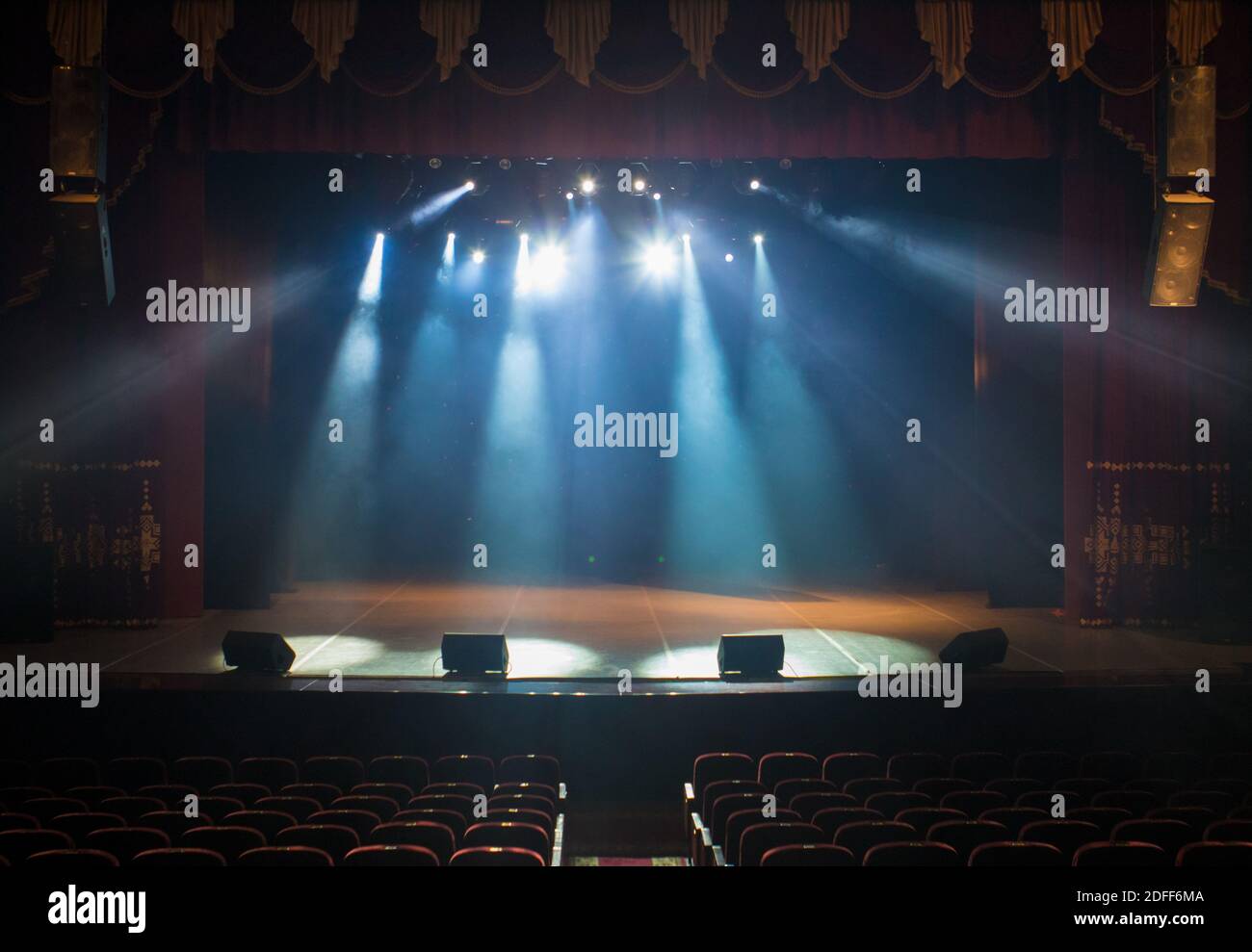 scene, stage light with colored spotlights and smoke Stock Photo - Alamy