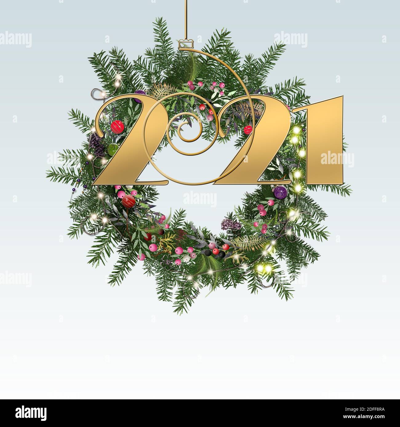 New Year 2021 card with hanging gold digit 2021 with floral realistic ...