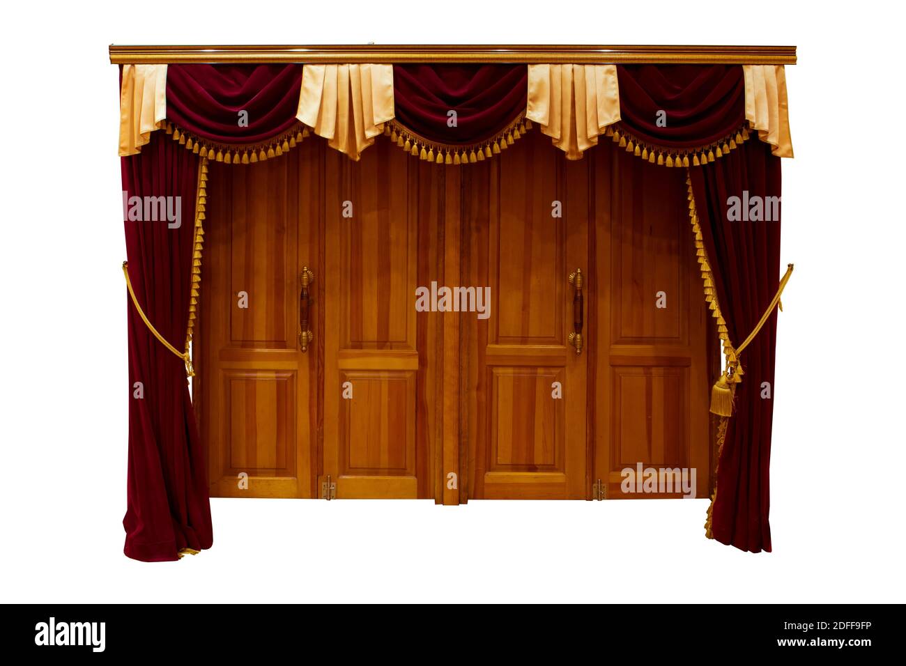 Wooden doors and red velvet curtain Stock Photo - Alamy