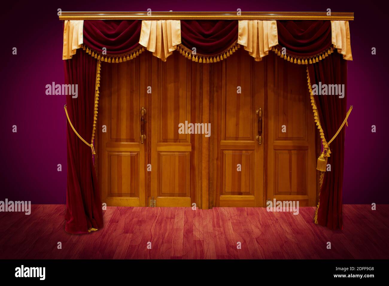 Wooden doors and red velvet curtain Stock Photo - Alamy