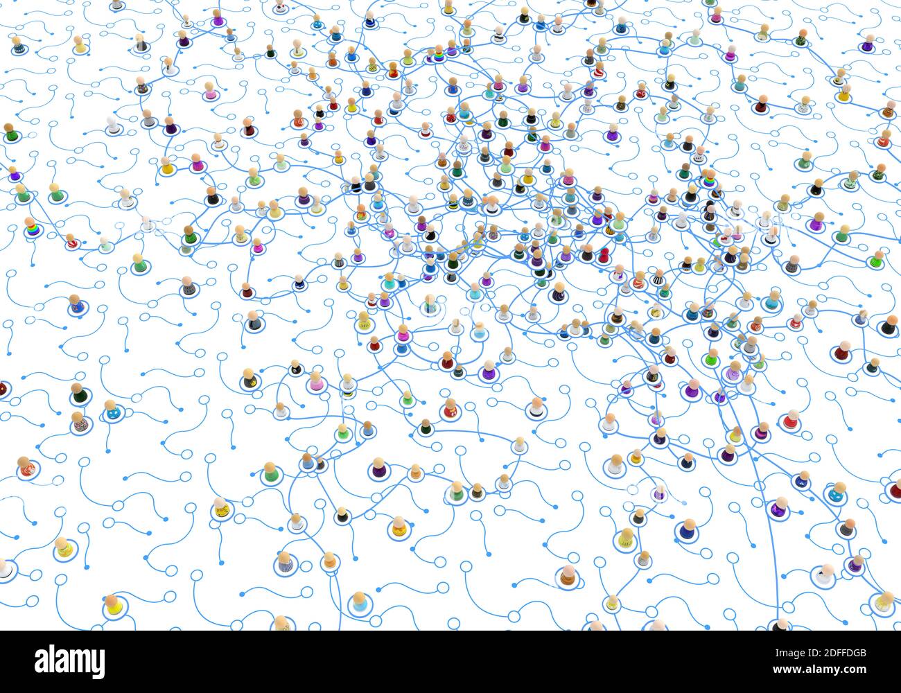 Crowd of small symbolic 3d figures linked by lines, complex layered ...