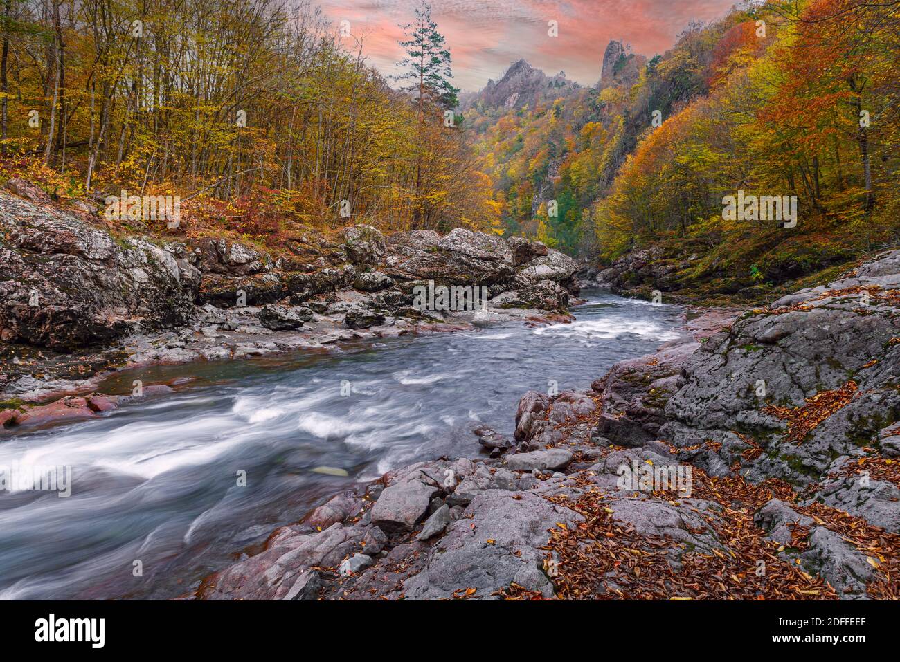 Belaya riverbed at the bottom of a deep ravine, canyon, in the Republic ...