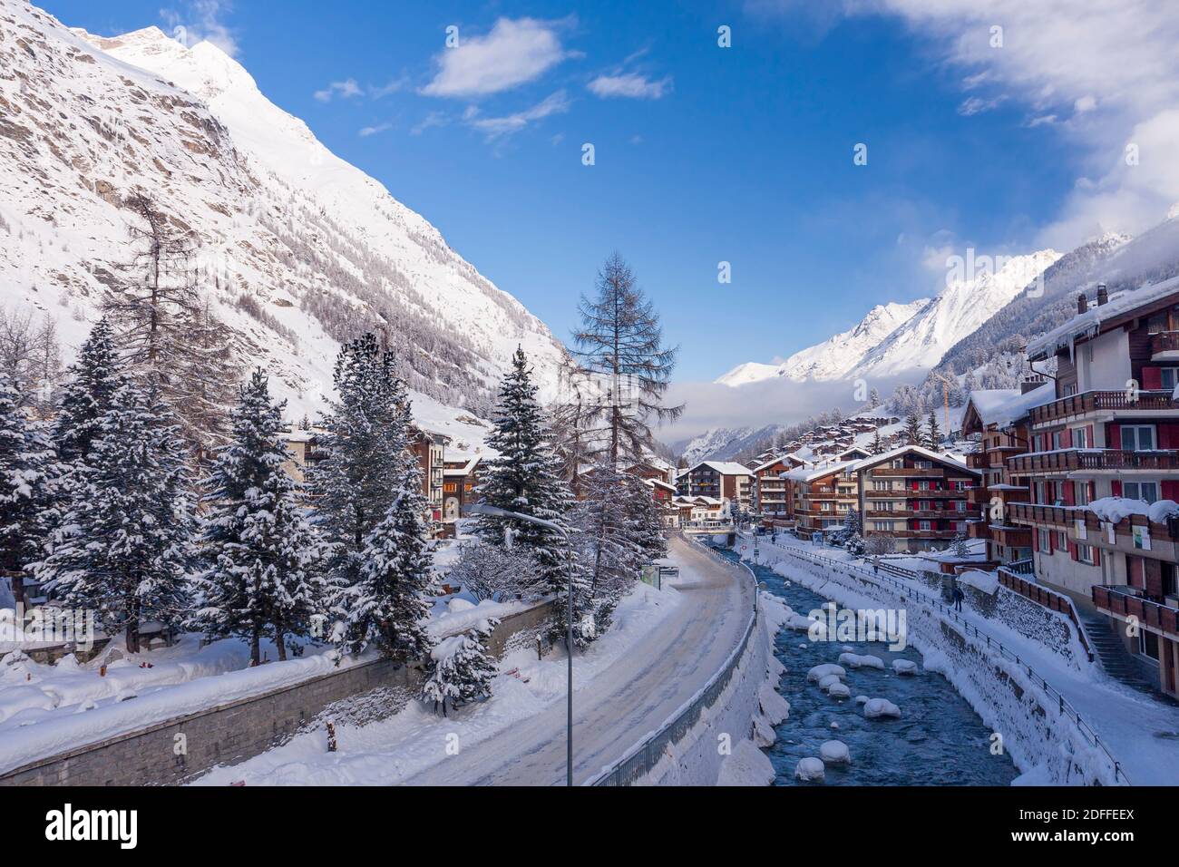 The Vispa River flows through town of Zermatt in the Canton of Valais ...