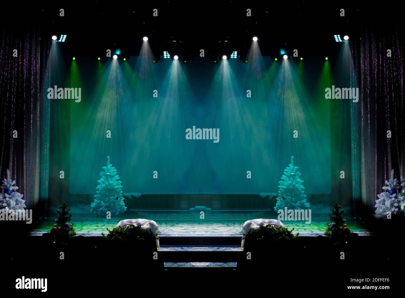 scene, stage light with colored spotlights and smoke, christmas tree ...