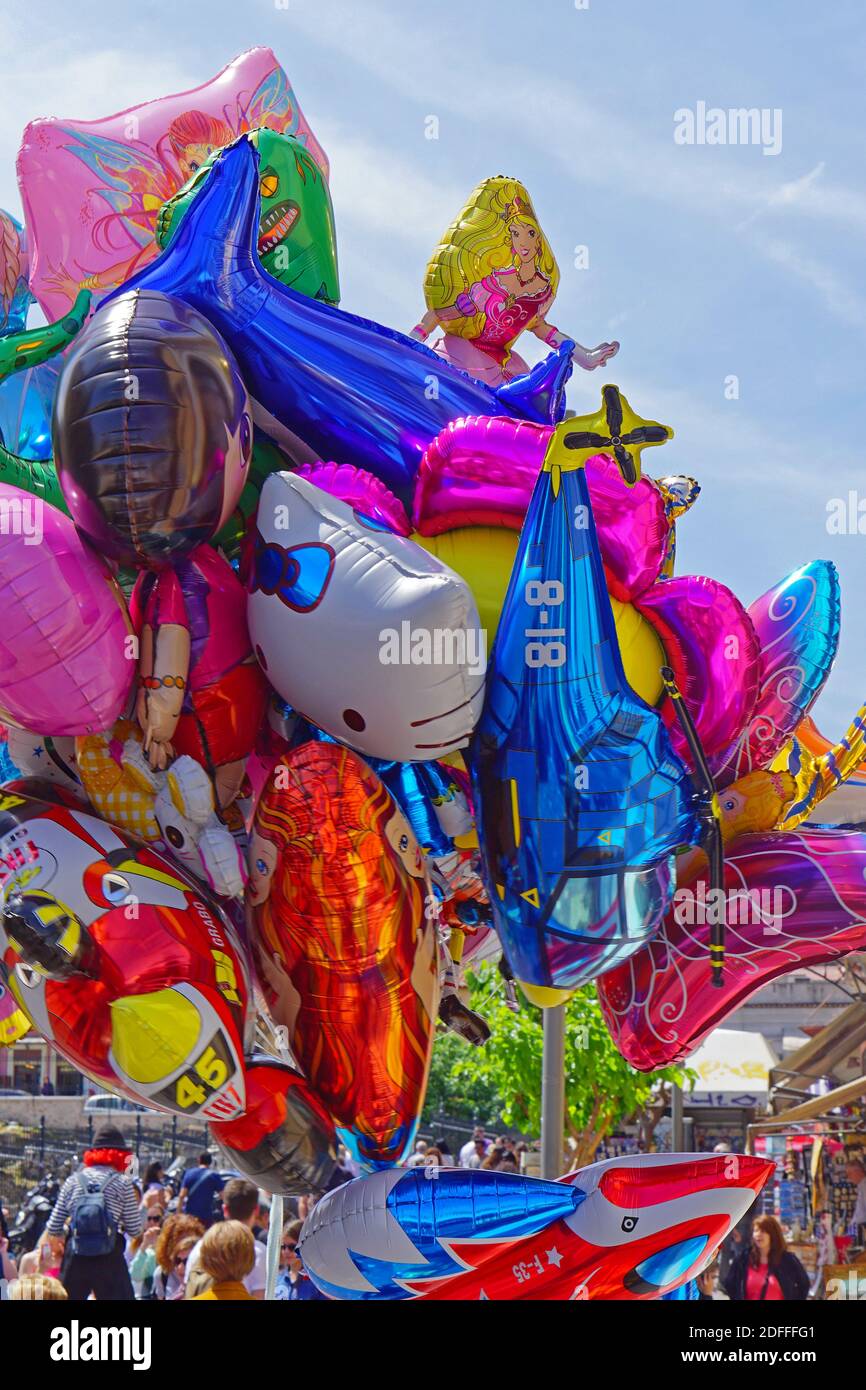 Athens, Greece - May 03, 2015: Bunch of colorful foil helium balloons ...