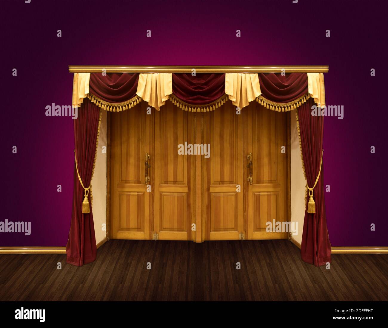 Wooden doors and red velvet curtain Stock Photo - Alamy