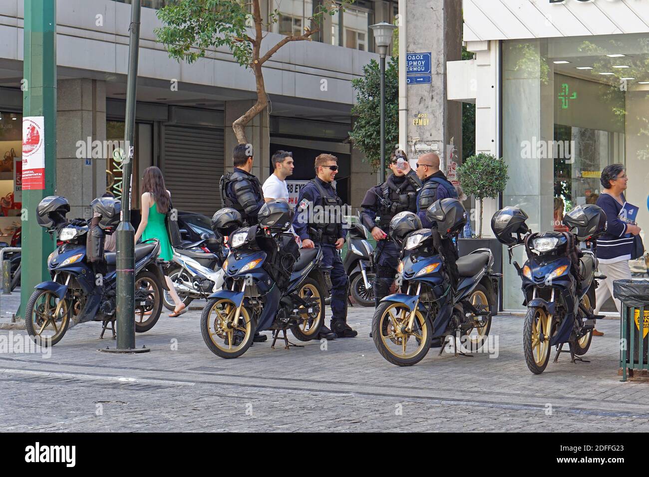 Athens, Greece - May 04, 2015: Motorcycle police force unit at streets ...