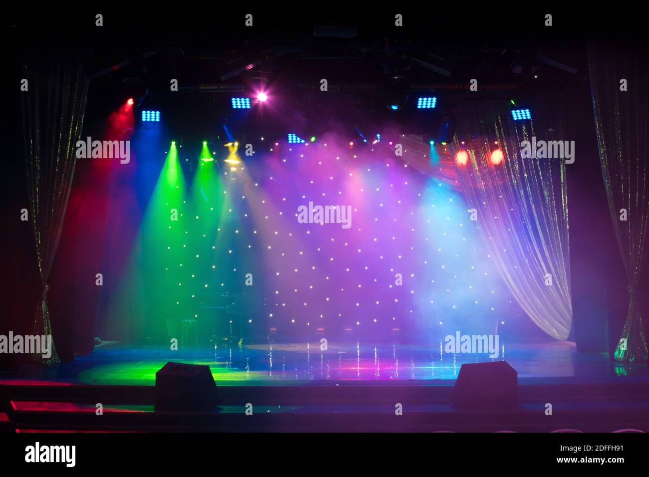 scene, stage light with colored spotlights and smoke Stock Photo - Alamy