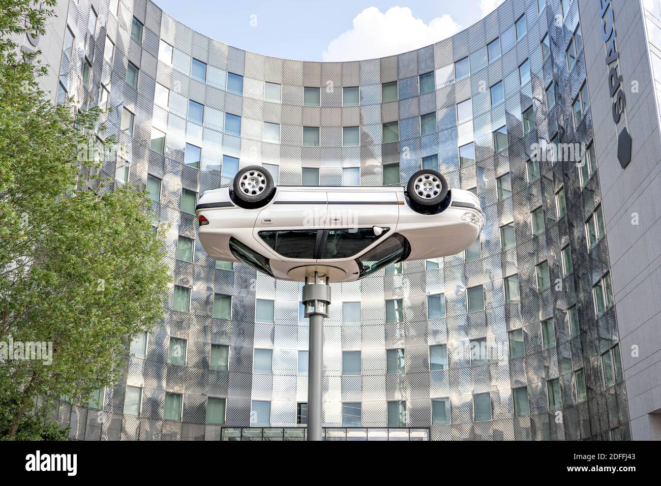 Paris, France - Jun 13, 2020: Flipped car as art display in front of ...