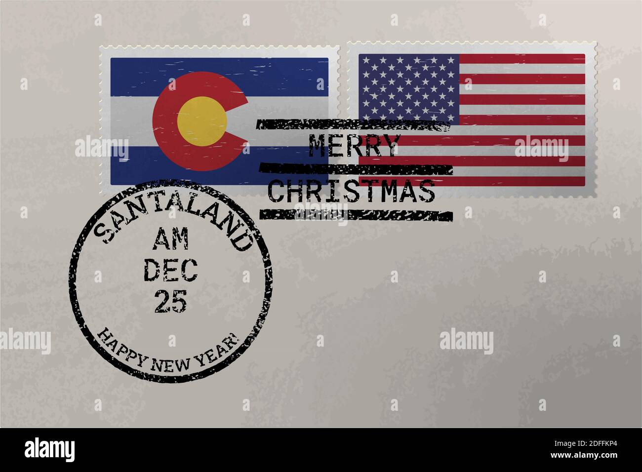 Postage stamp envelope with Colorado and USA flag and Christmas and New ...