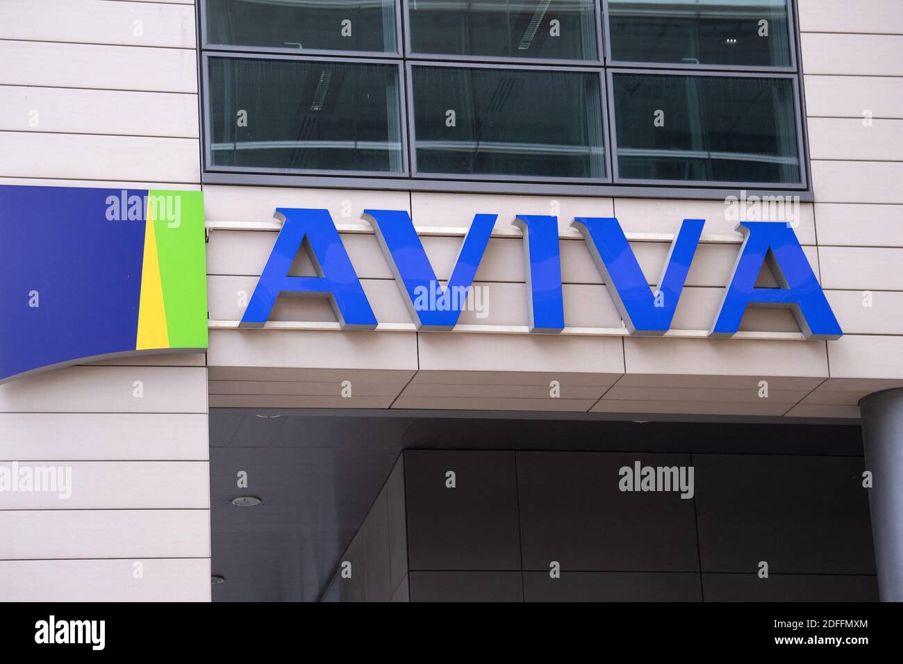 A shop sign of Aviva assurance, on August 14, 2020 in Bois Colombes ...