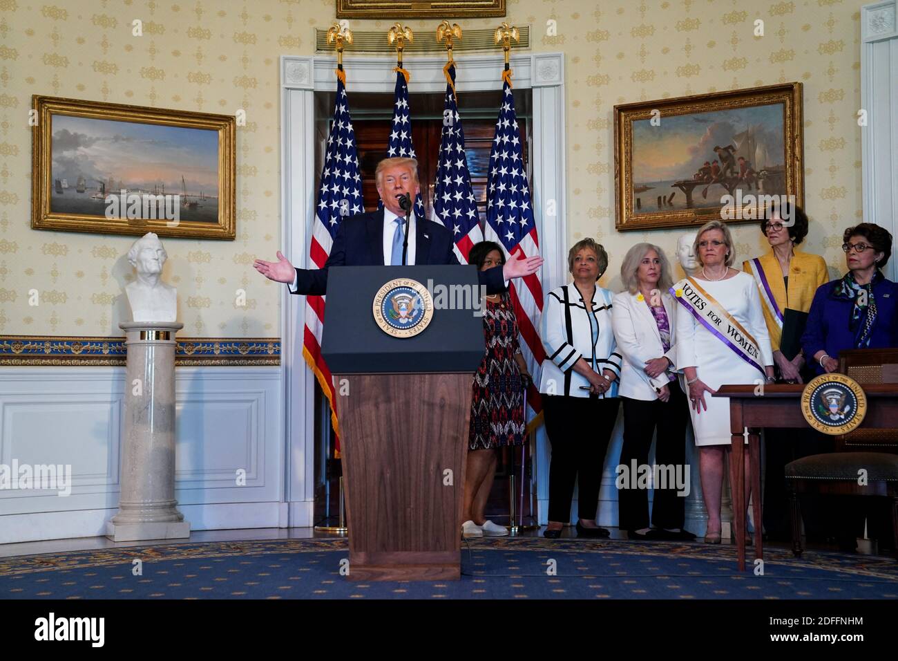 US President Donald J. Trump delivers remarks during a signing ceremony ...