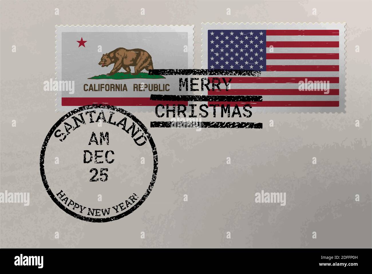 Postage stamp envelope with California and USA flag and Christmas and ...