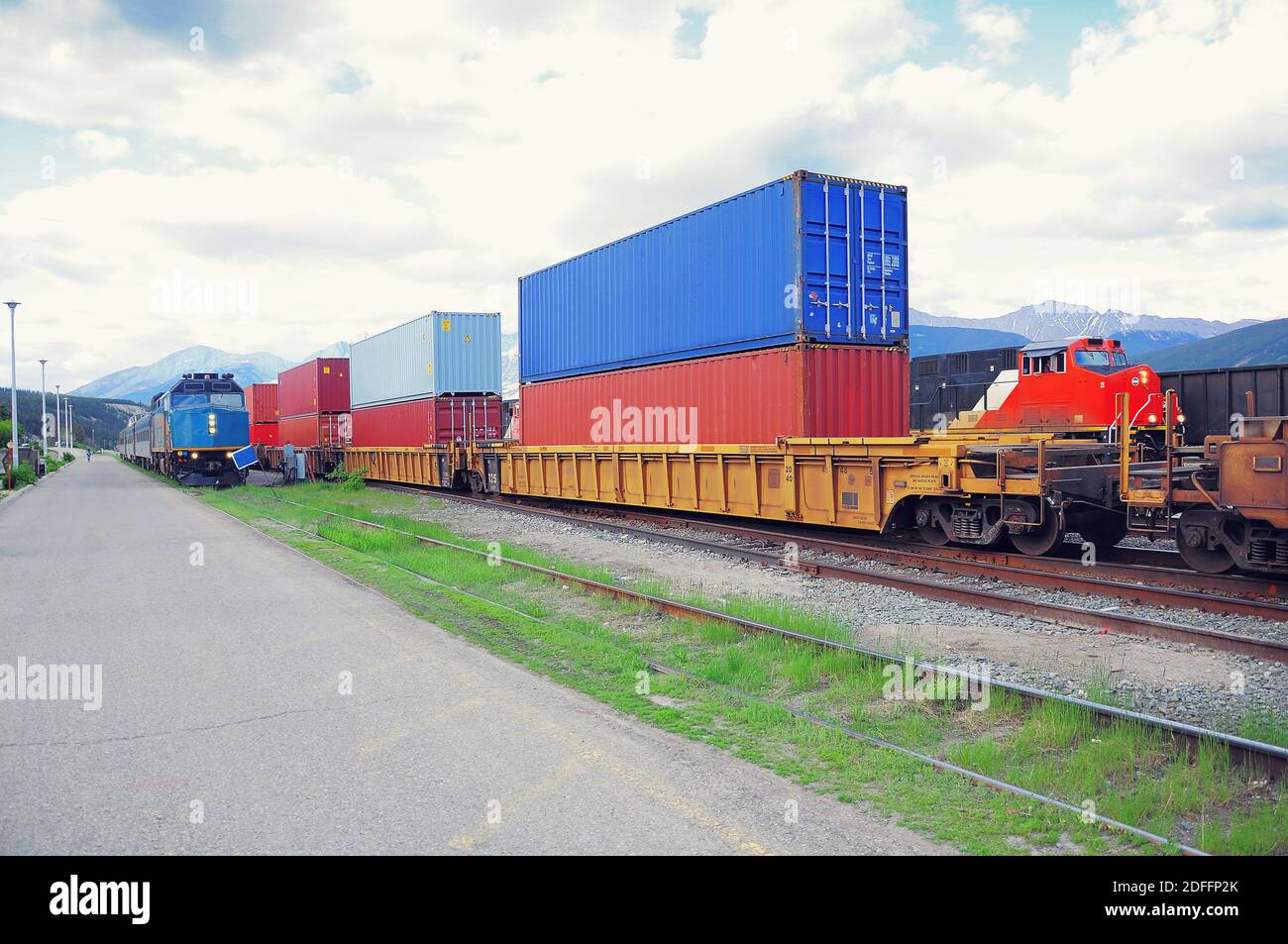 Freight comtainer train in Jasper. Alberta. Canada Stock Photo - Alamy
