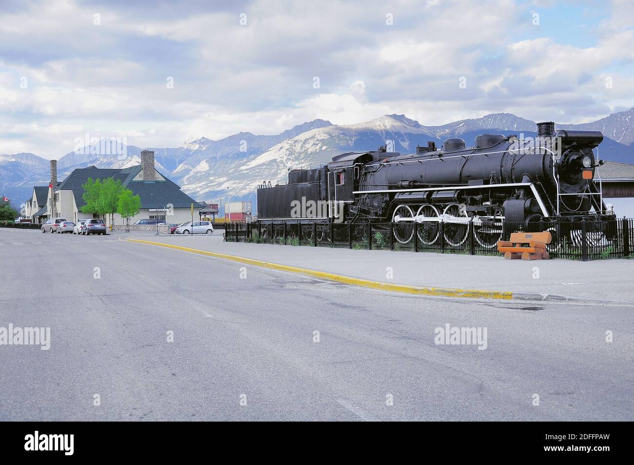 Steam locomotive stands on the square by the railway station. Jasper ...