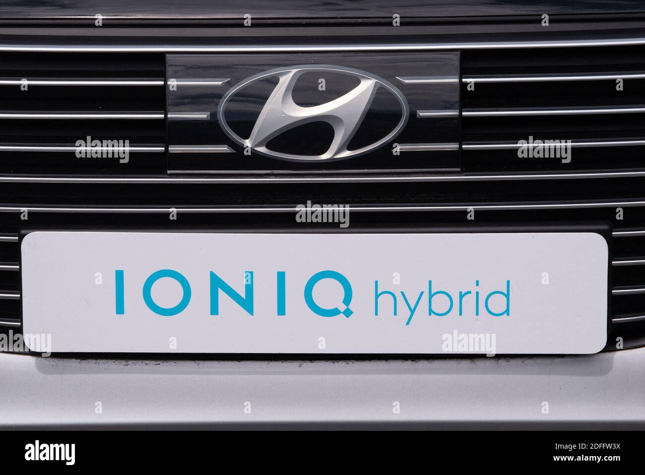 A shop sign of HYUNDAI IONIQ hybrid on August 24 2020 in Saint-Nazaire ...
