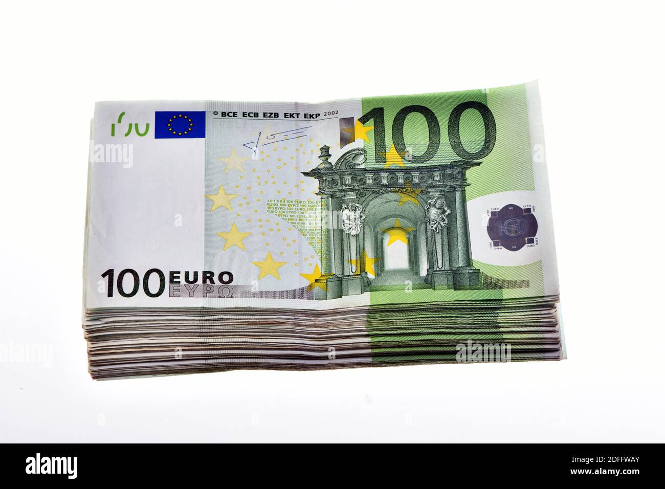 a pile of 10,000 euros in one hundred 100 euro banknotes isolated on ...