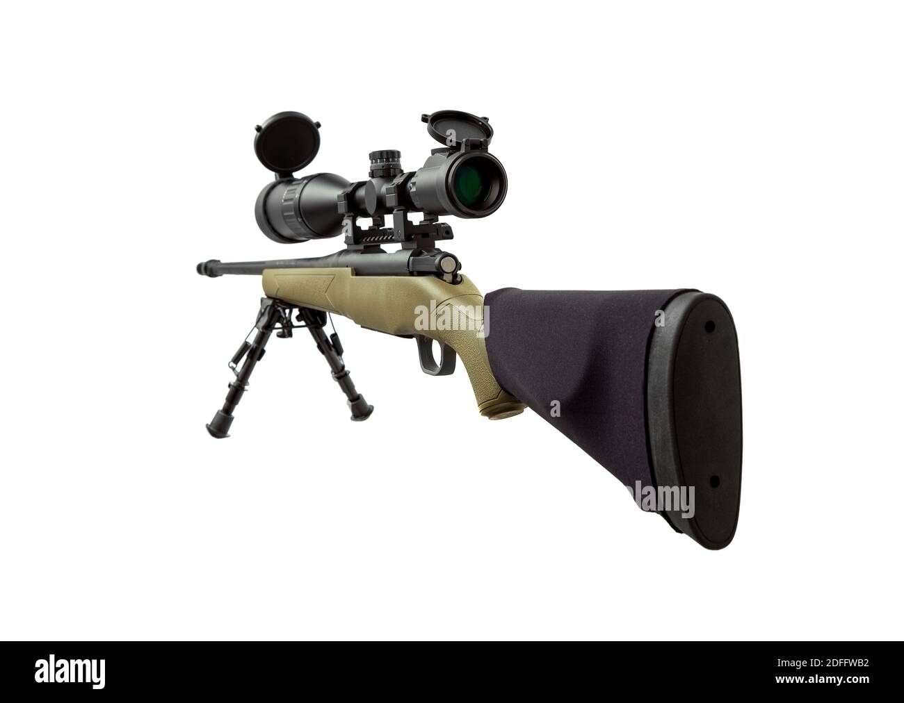 A sniper rifle with a telescopic sight. A carbine with a wooden stock ...