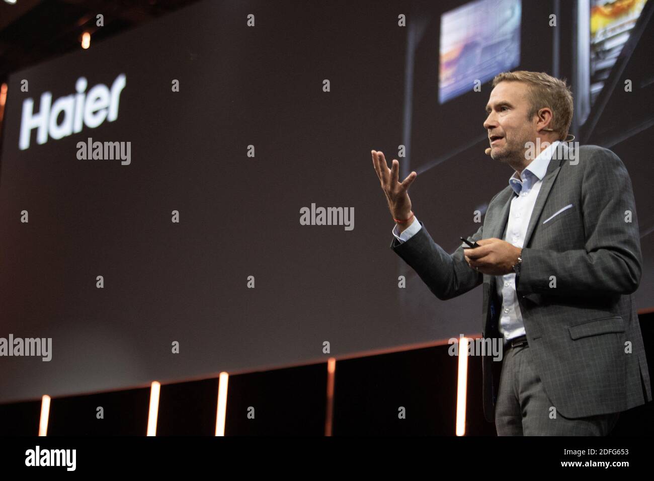 CEO Haier Europe, Yannick Fierling delivers a press conference at the ...