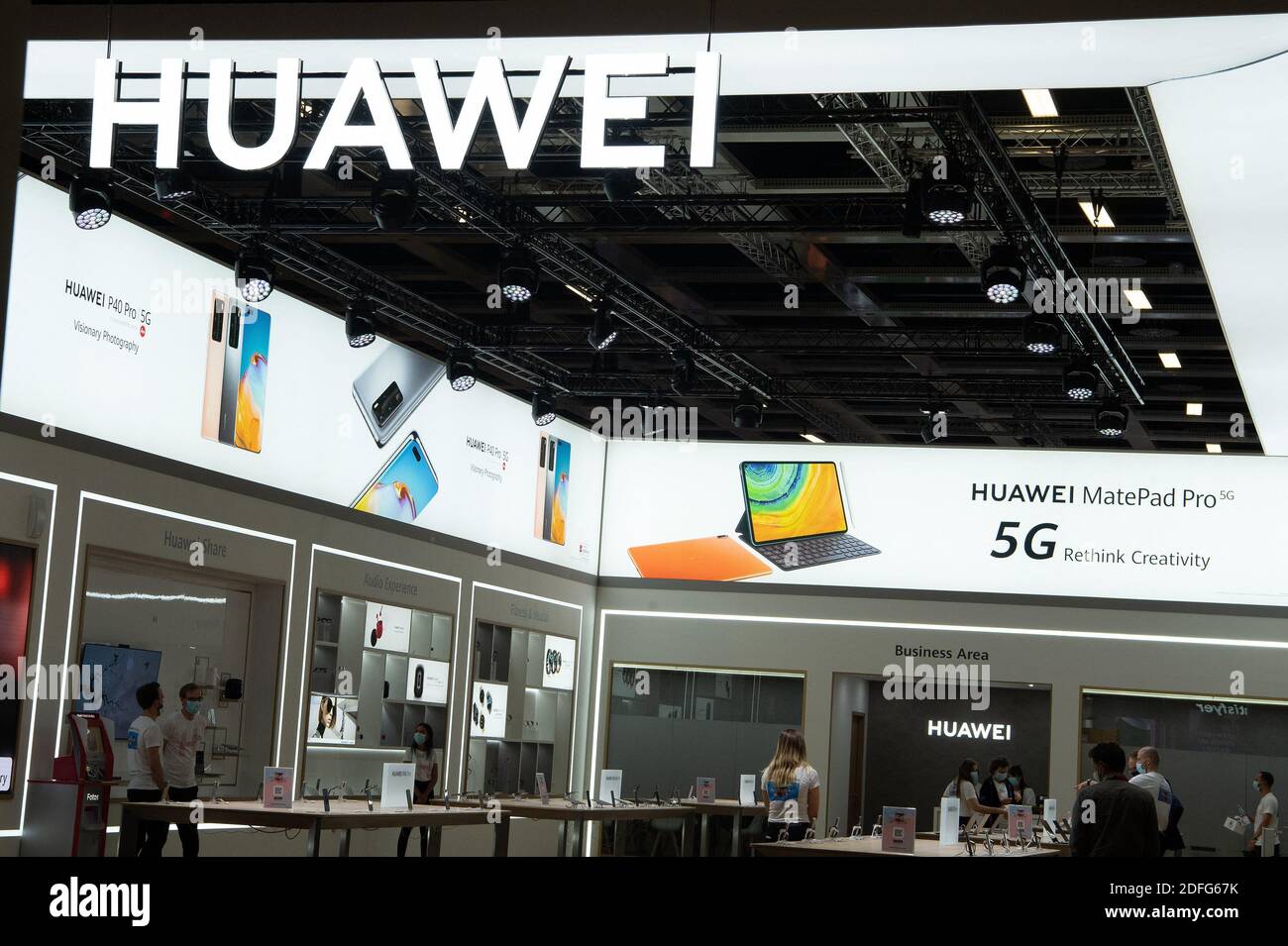 Huawei booth at the 2020 IFA technology trade fair at Messe Berlin, on ...