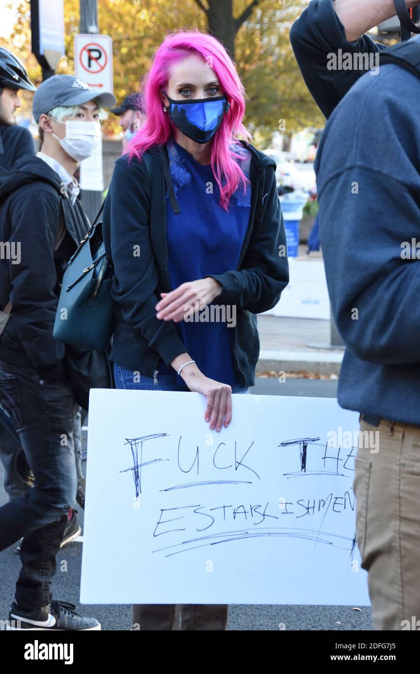 Washington DC. November 14, 2020. Million Maga March. A woman with pink ...