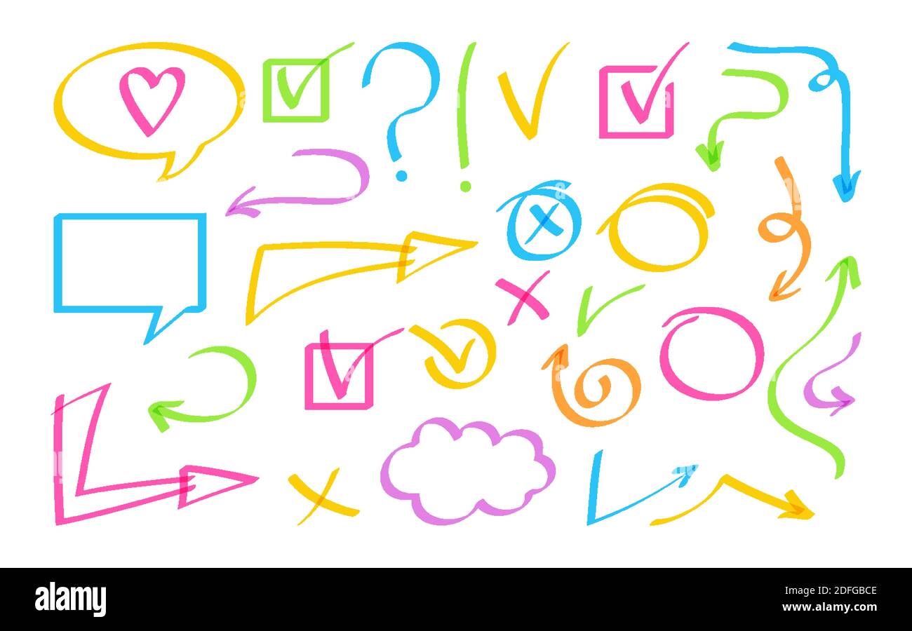 Arrow and speech bubble hand drawn design element set. Sign bright ...