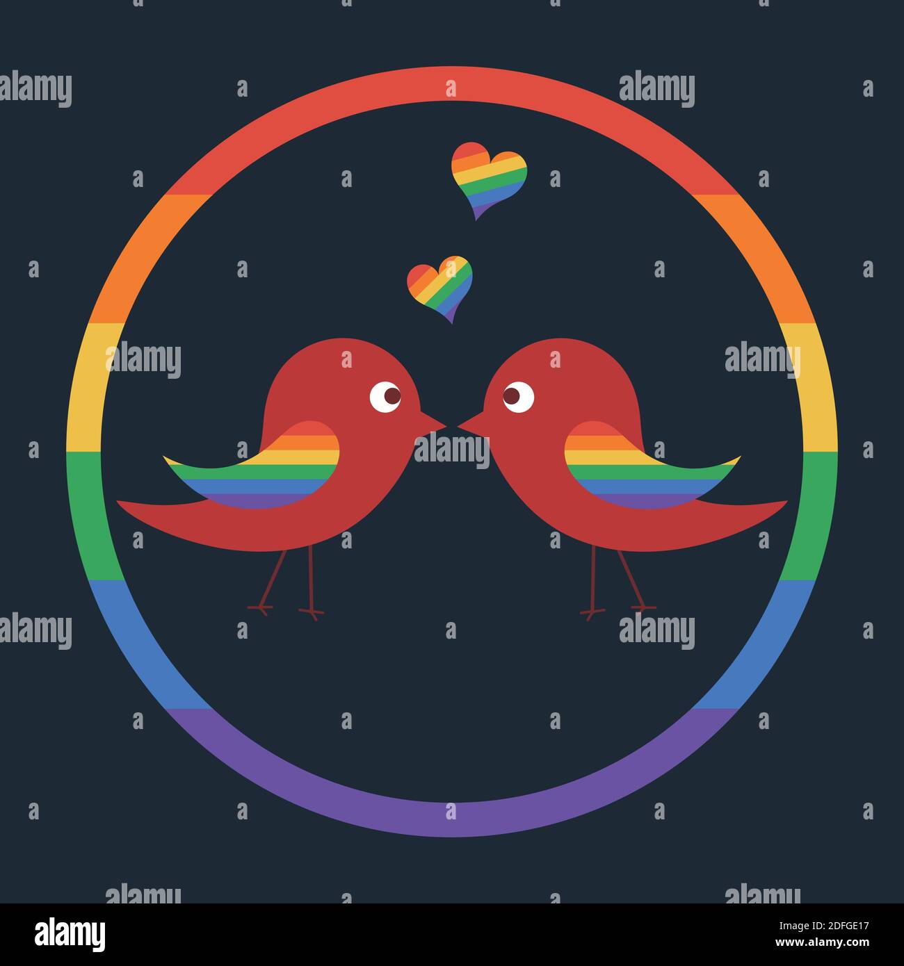 Two cute birds in love kissing in a rainbow colored circle. LGBT ...